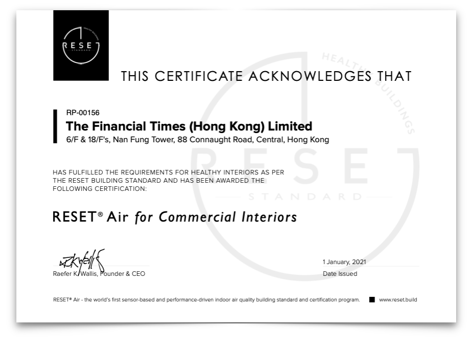 祝贺！Financial Times 香港办公室荣获 RESET® Air 商业室内认证！ | RESET®